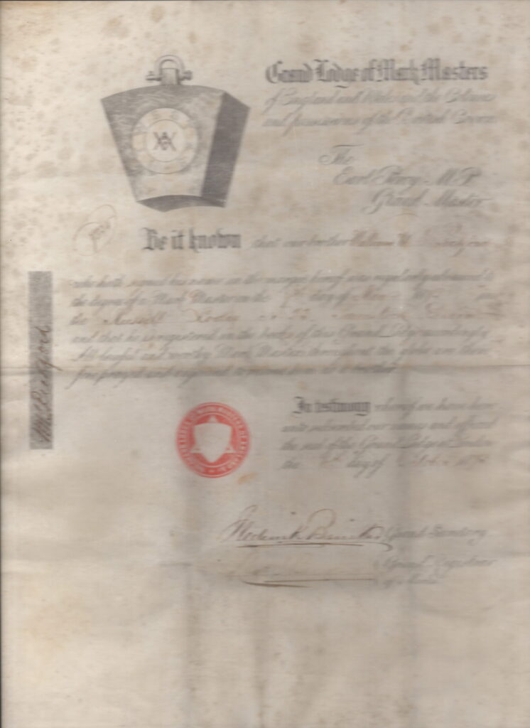 Mark Master Masons Grand Lodge certificate from 1873 - Masonic Medals